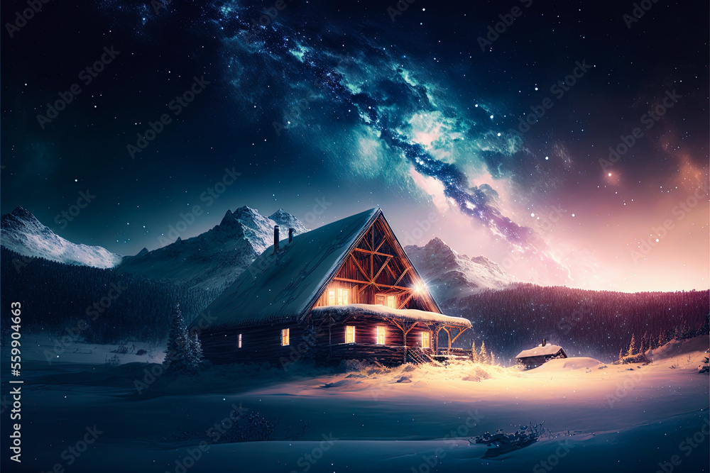 Northern lights at the edge of the north. A small house in the forest ...