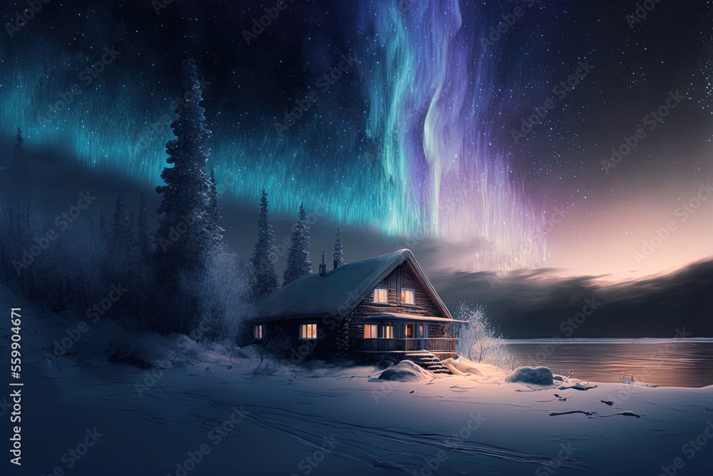 Northern lights at the edge of the north. A small house in the forest ...