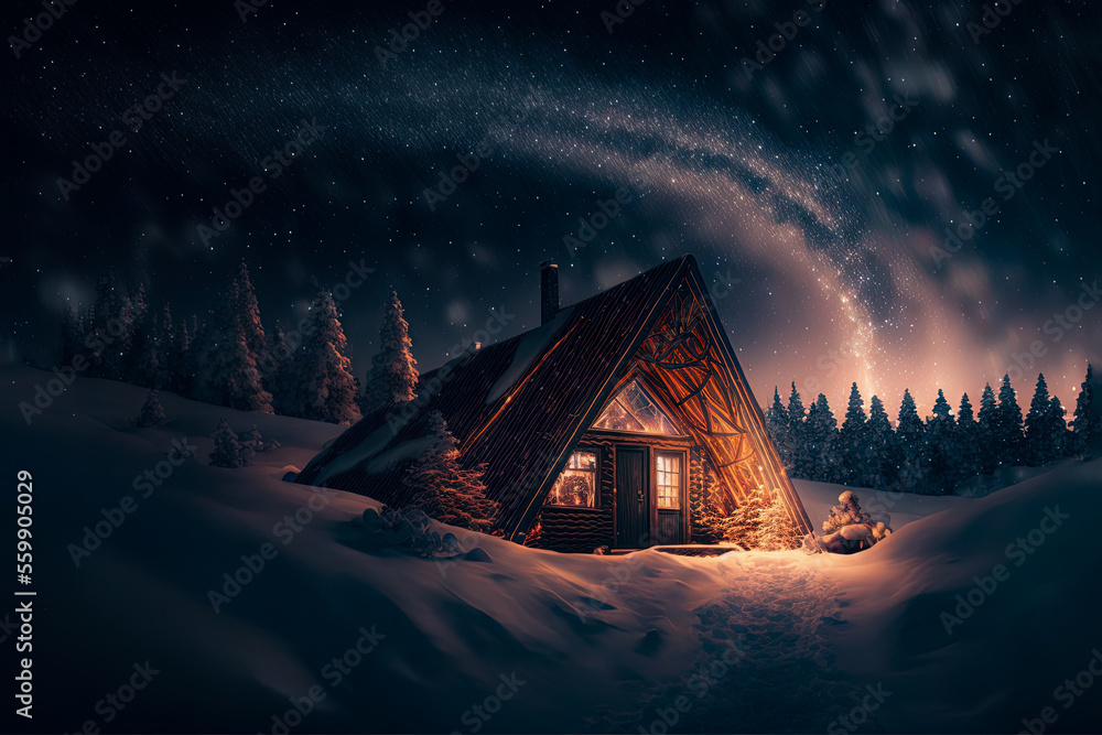 Northern lights at the edge of the north. A small house in the forest ...