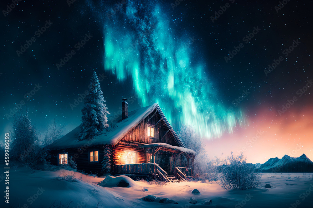 Northern lights at the edge of the north. A small house in the forest ...