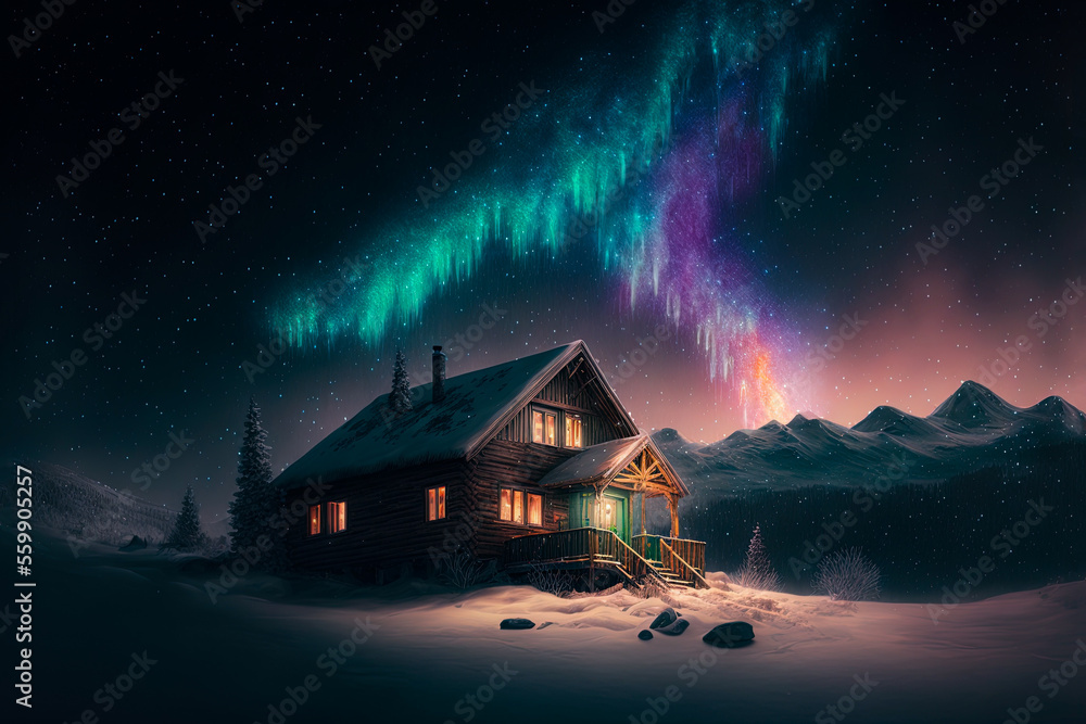 Northern lights at the edge of the north. A small house in the forest ...