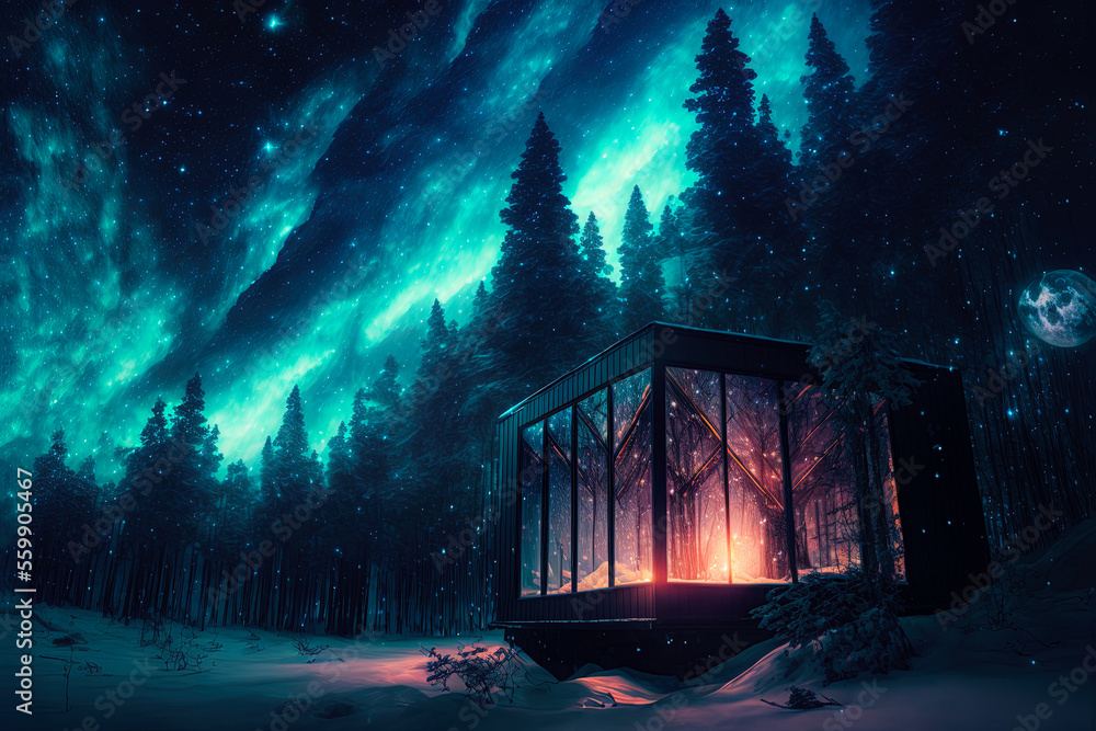 Northern lights at the edge of the north. A small house in the forest ...