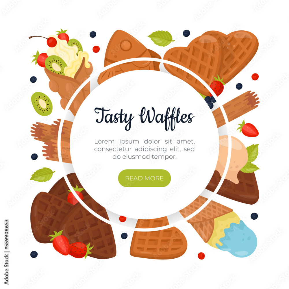 Tasty waffles web banner. Delicious crispy desserts for breakfast menu ...