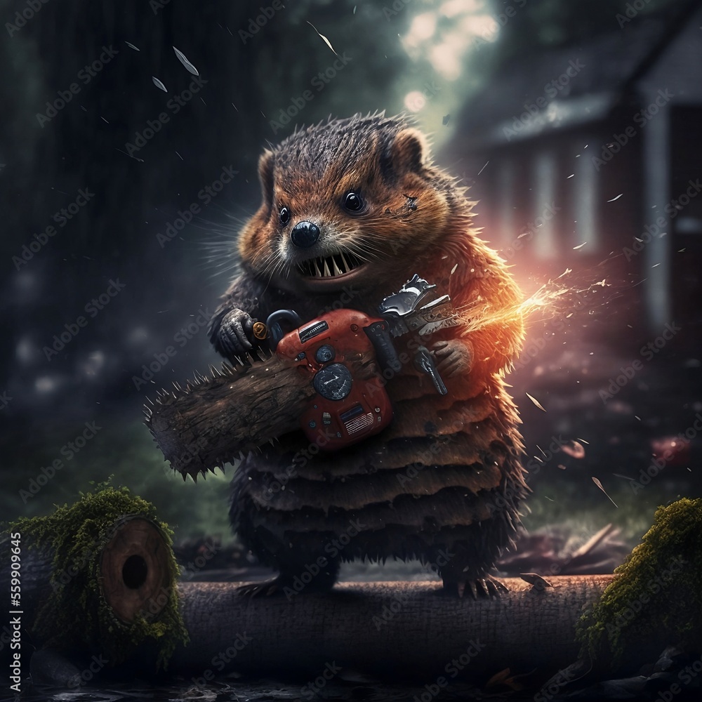 Evil Creepy Beaver with Chainsaw in Hands - Illustration Generated by Artificial Intelligence ...
