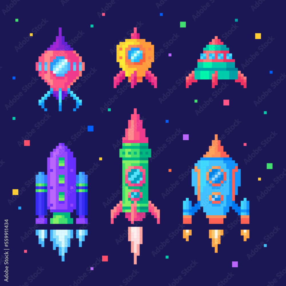 Pixel art set of rocket launch. Pixelated cartoon spaceships,cosmic ...