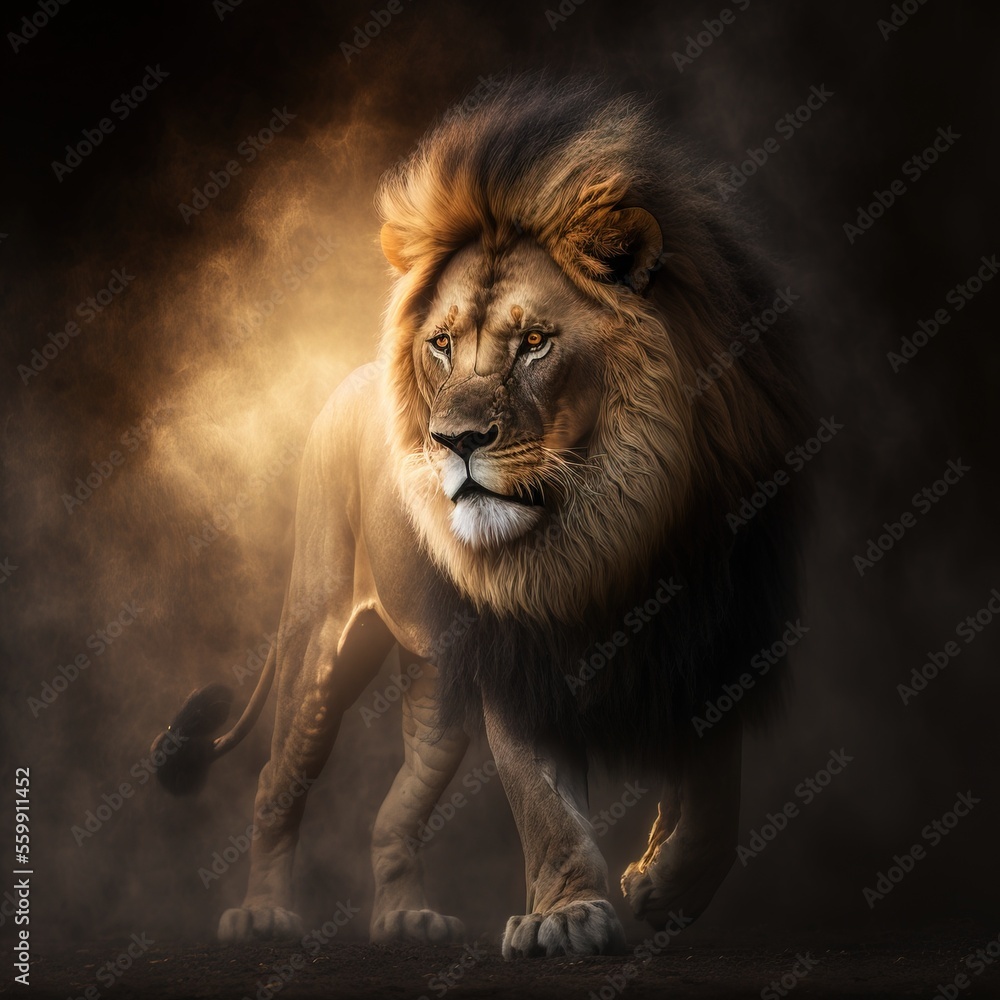 a lion is walking in the dark with a light shining on it's face and a ...
