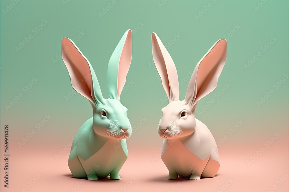 two rabbits are sitting side by side on a pink and green background ...