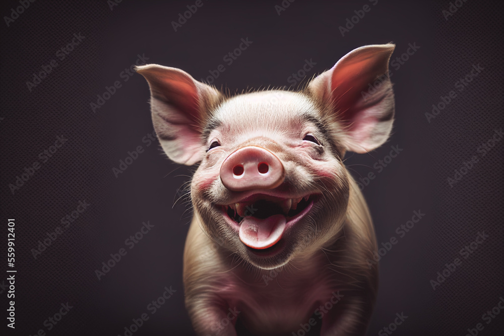 Illustrated portrait of a cute pig looking into the camera and laughing ...