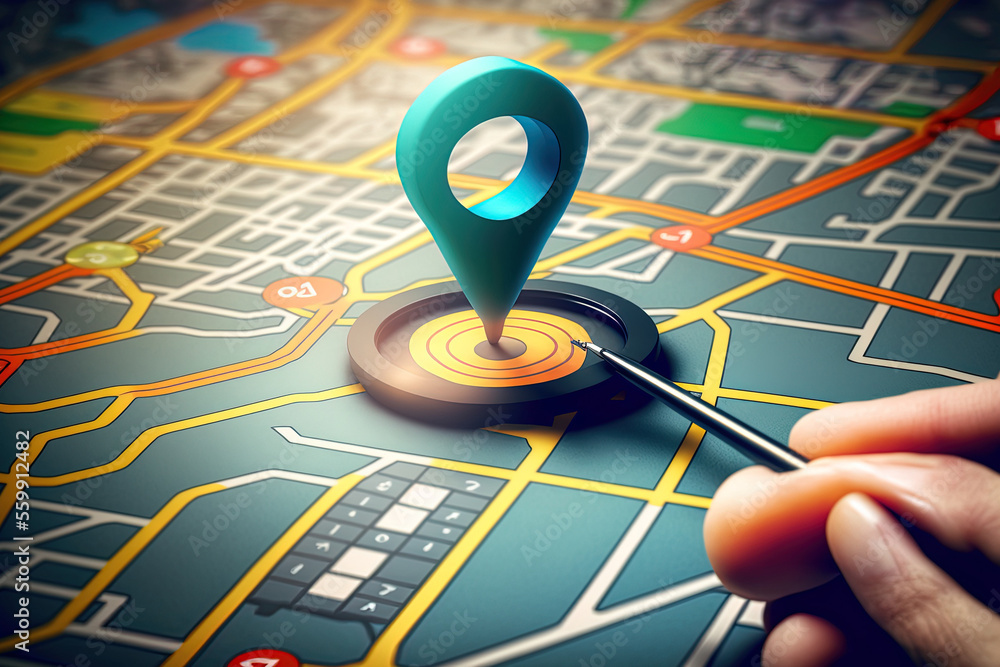 internet navigation, a hand putting a geotag pin on a city map route ...