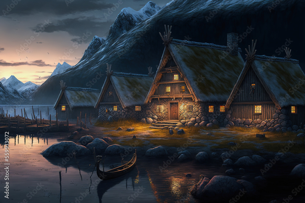 ai generative midjourney illustration of viking houses in a viking ...