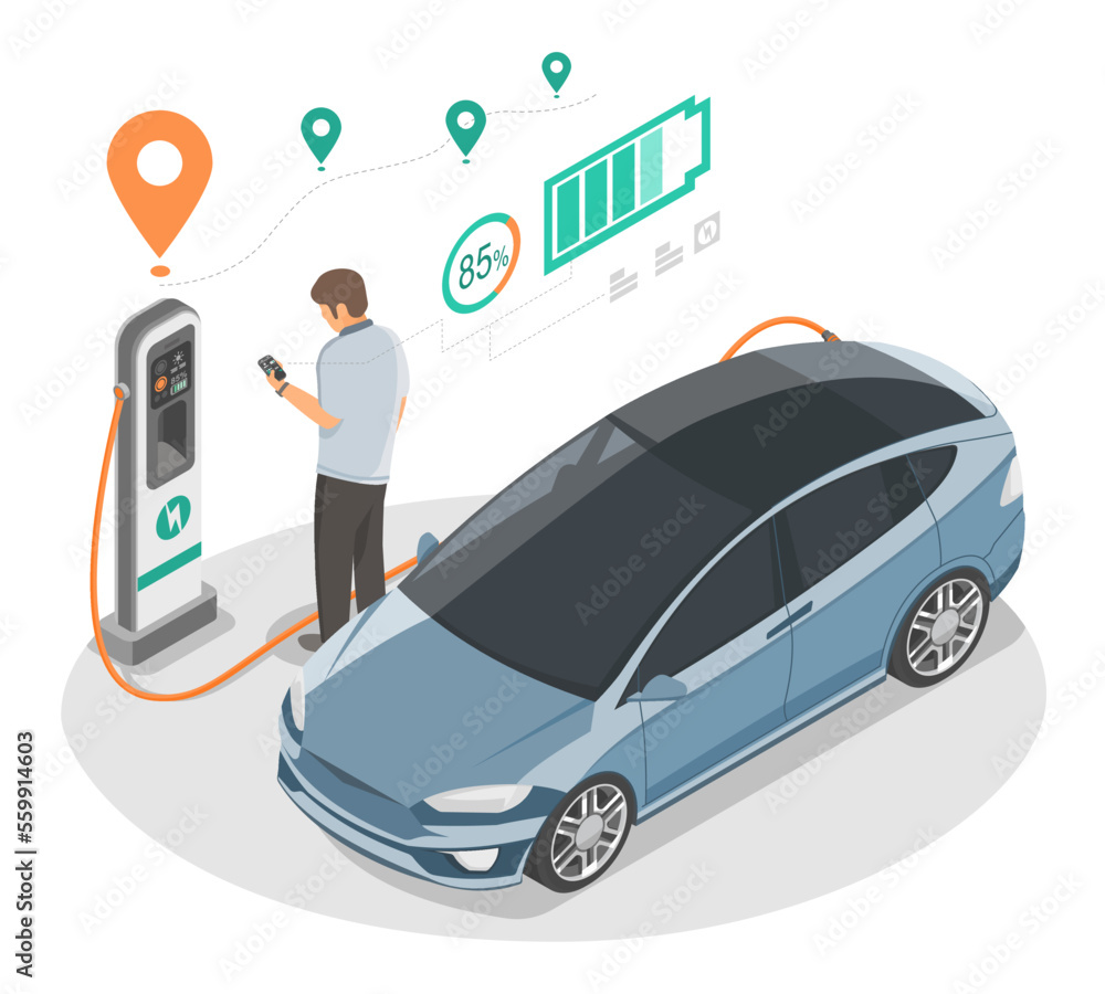 EV Electric Car stop at Charging Station Concept Men use smartphone to planning check location ...