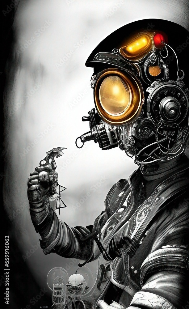 steampunk cyborg with helmet, black and white illustration, generative ...