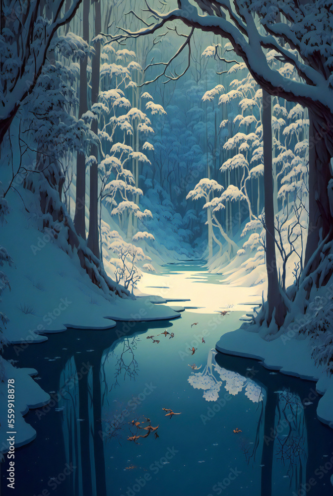 Serene Anime Landscape Painting of a Creek Running through a Snowy ...