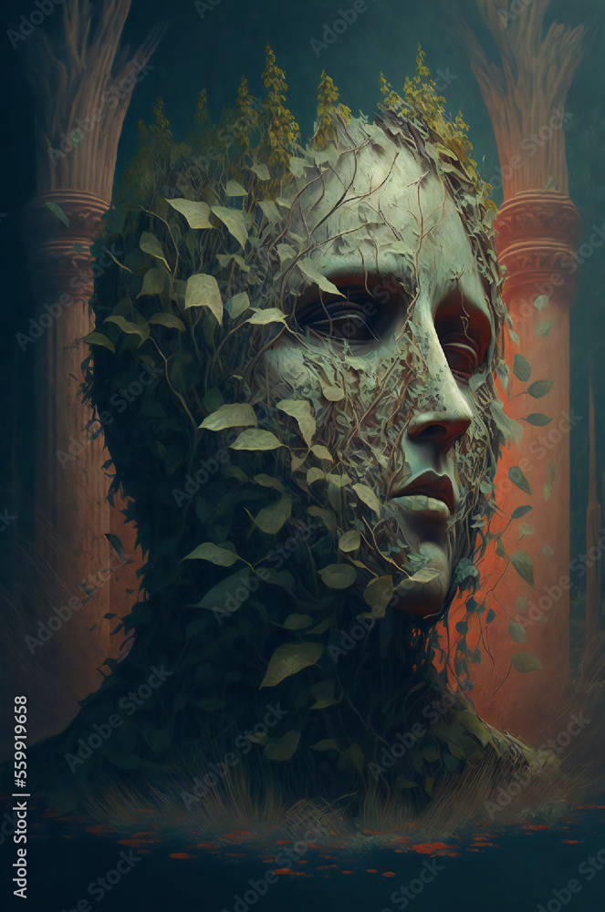Huge Fantasy Monument Statue of a Human Head Overgrown with Vines in ...