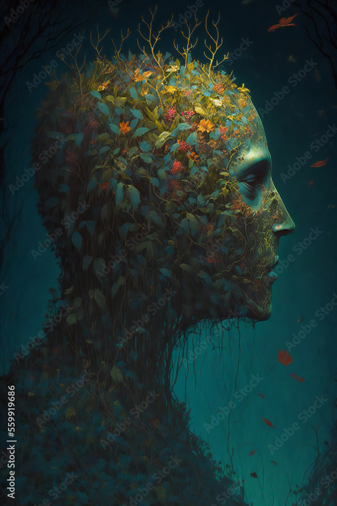 Huge Fantasy Monument Statue of a Human Head Overgrown with Vines in a ...