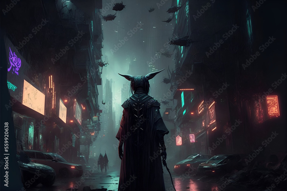 Portrait of a Dark Demonic Anime / Manga Character Walking Down a Neon ...