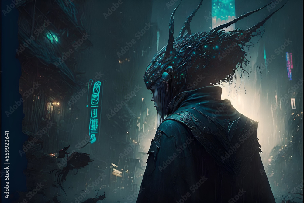 Portrait of a Dark Demonic Anime / Manga Character Destroying a Neon ...