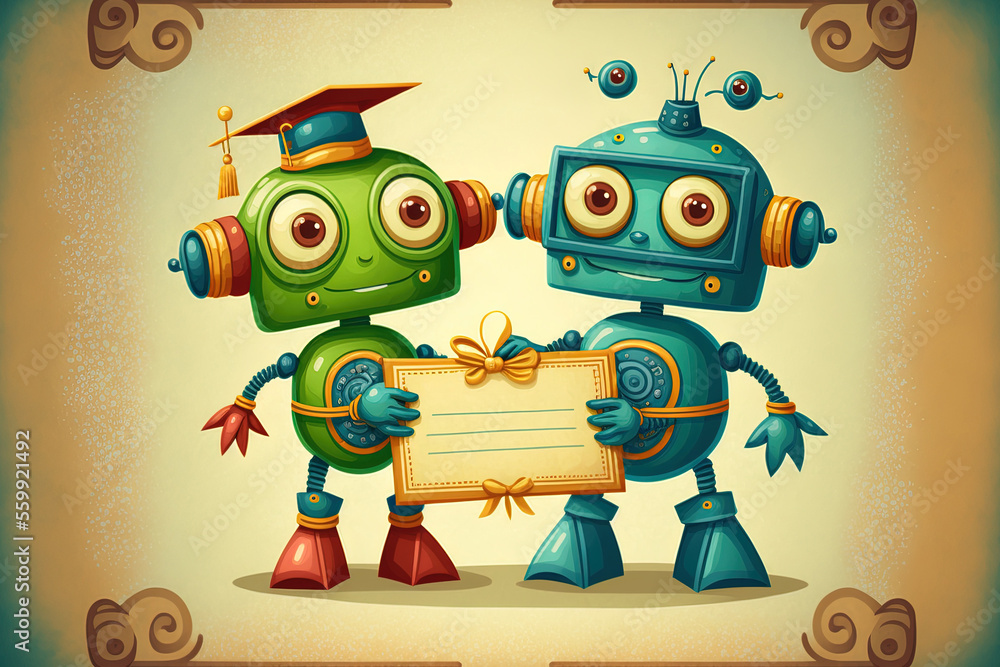 Cartoon robots and droids diploma for children. Generative AI Stock ...