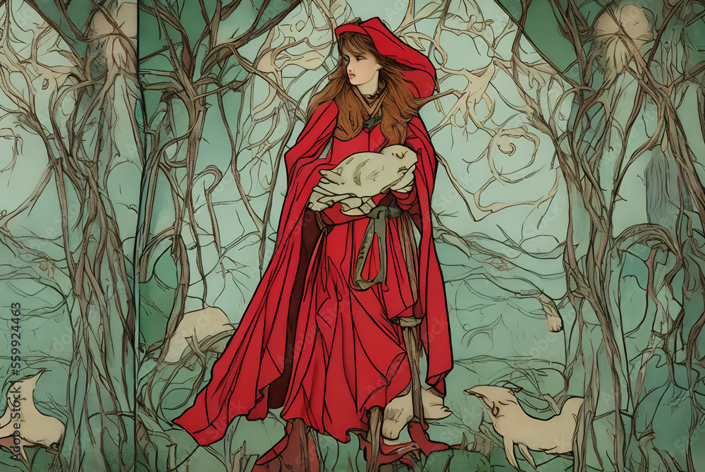 little red riding hood in art nouveau style as decoration element for ...