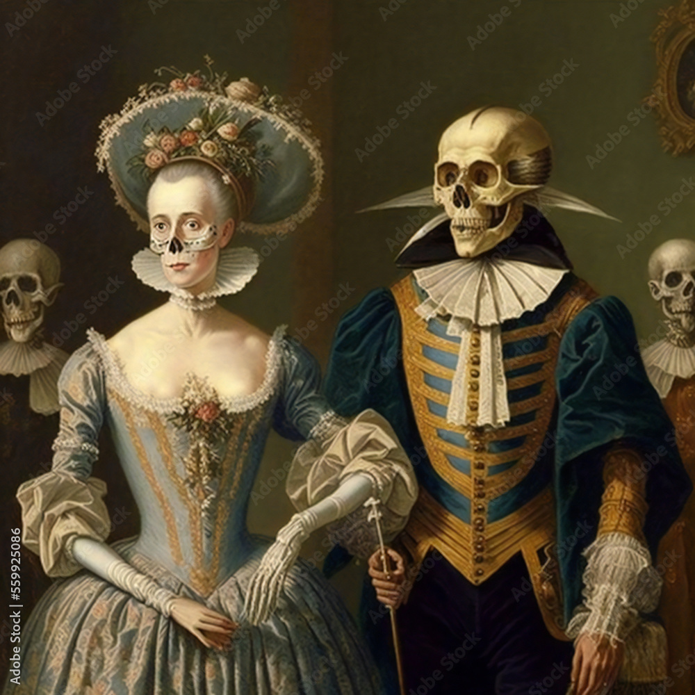 Painting of an 18th Century Danse Macabre. Skeletons and Undead Lords and Ladies in Fancy ...