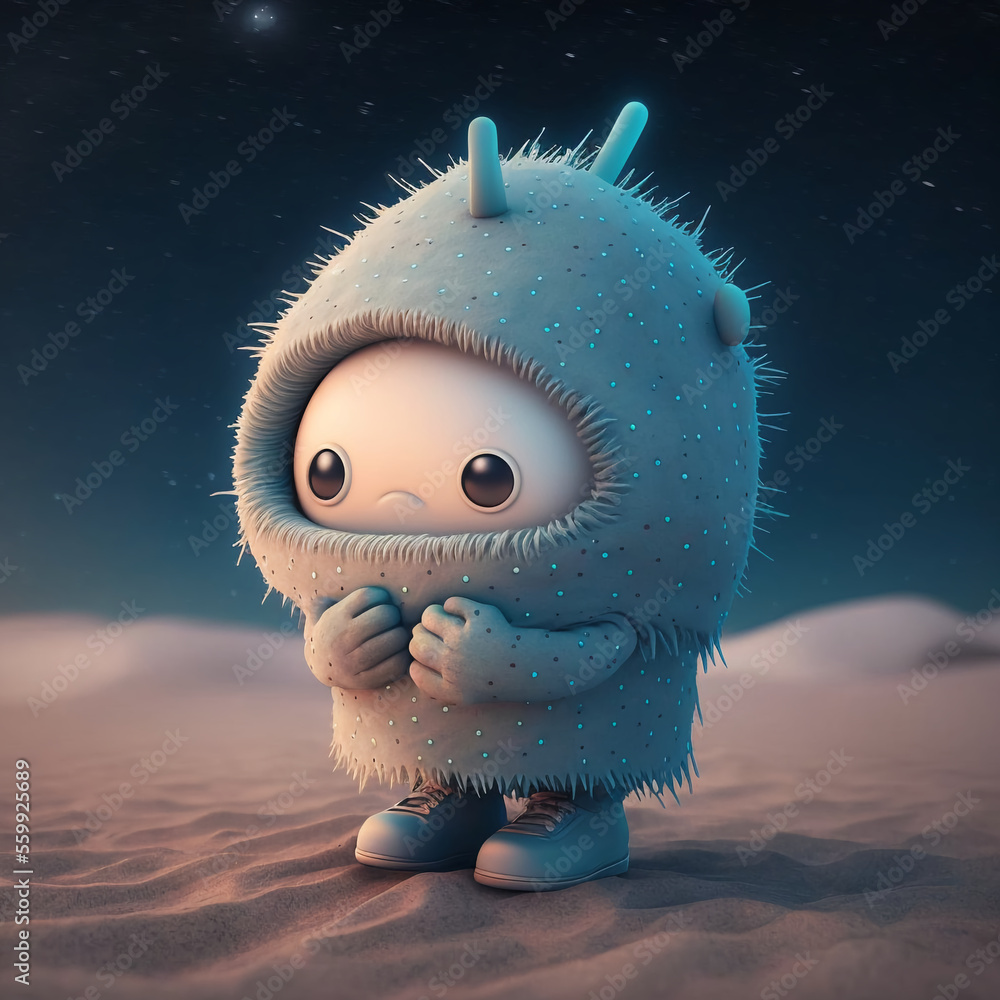 Chibi Cute Frowning Ice Elemental Alien Wearing Sparkling Fur Hooded ...