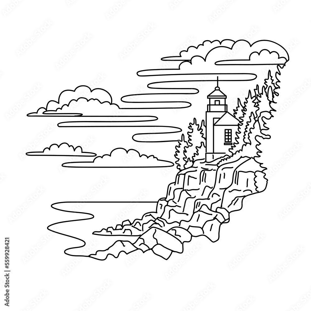 Mono line illustration of Bass Harbor Head Light lighthouse located ...