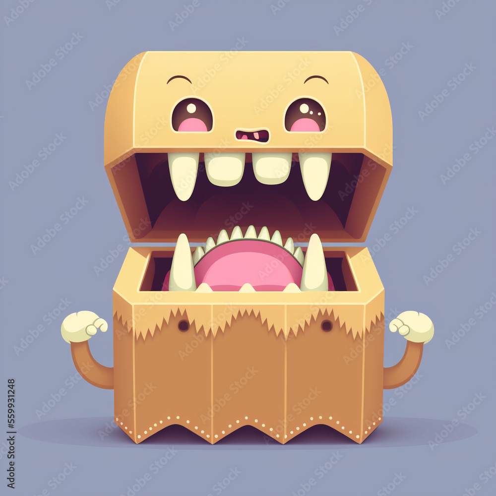 Chibi Cute Isolated Cartoon Mimic Monster. Gold Treasure Chest with ...