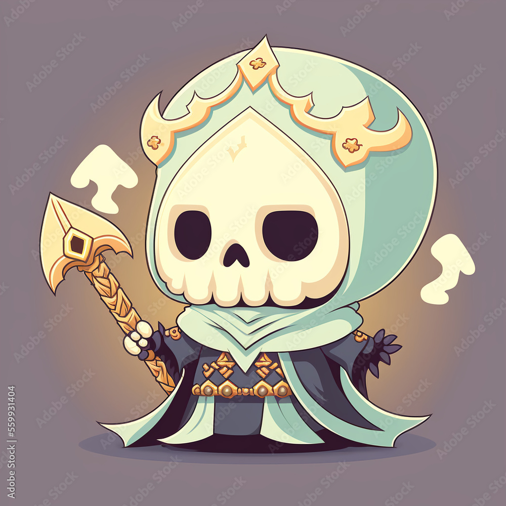 Chibi Cute Isolated Cartoon Skeleton Monster with Magic Staff. Lich ...