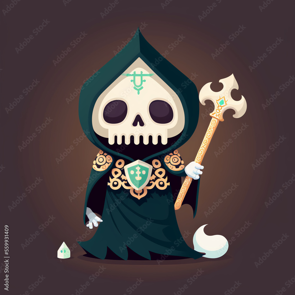 Chibi Cute Isolated Cartoon Skeleton Monster with Magic Staff. Lich ...