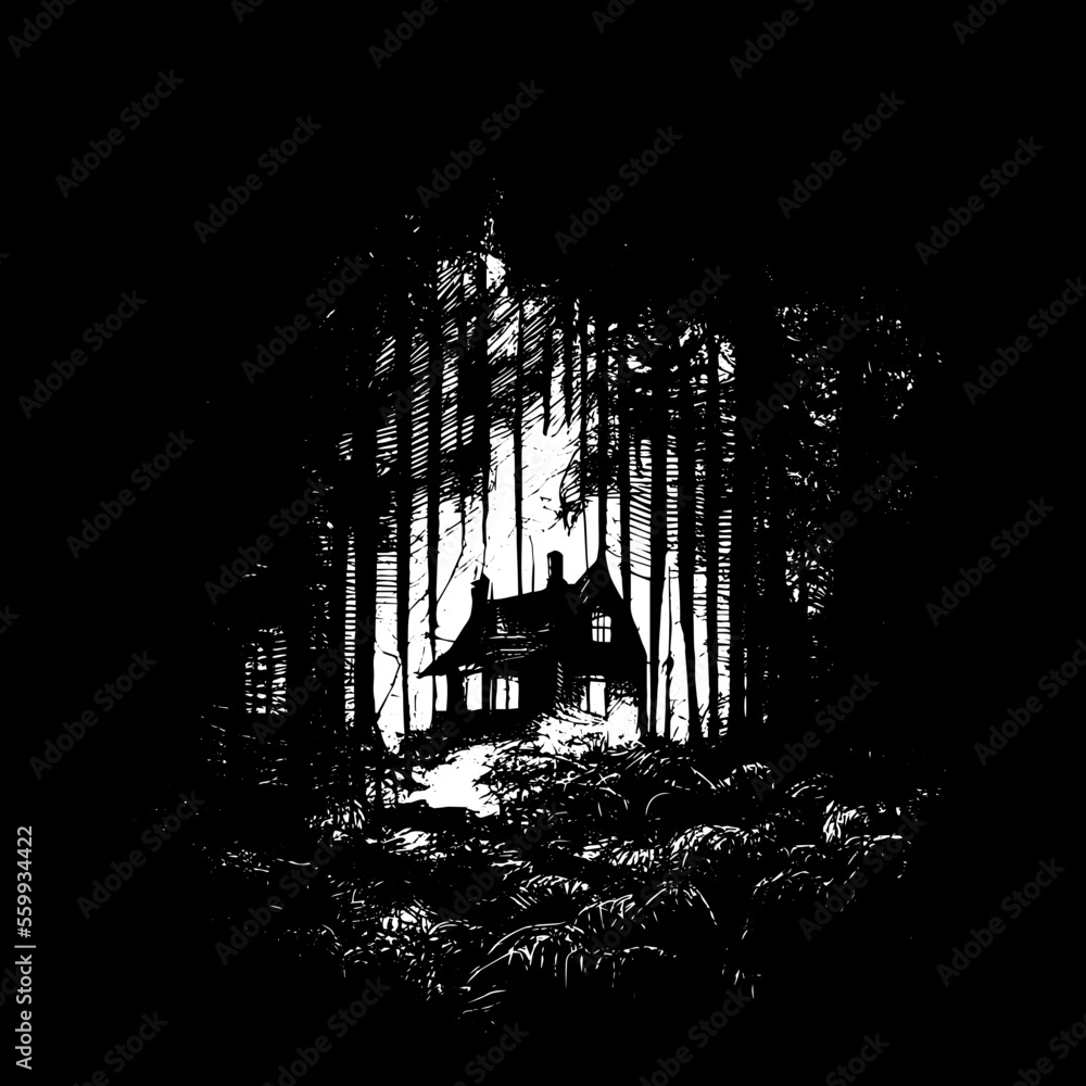 Black and white vector sketch illustration of Horror House in the dark ...