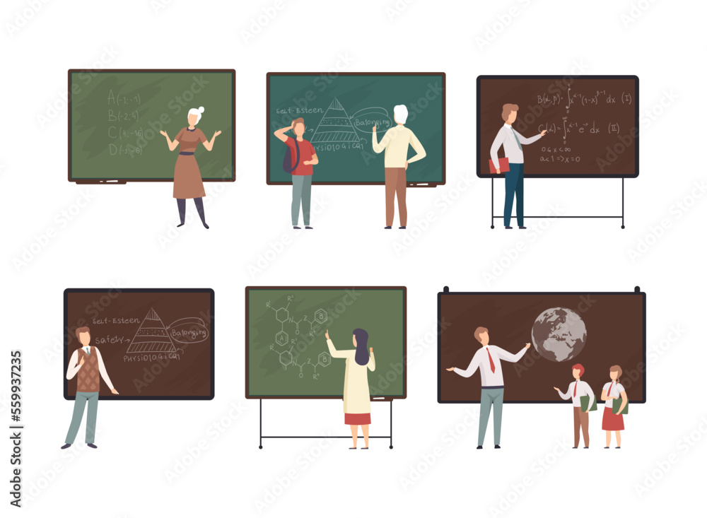 Vecteur Stock Set of professors standing in front of blackboard in ... Vecteur Stock Set of professors standing in front of blackboard in ...