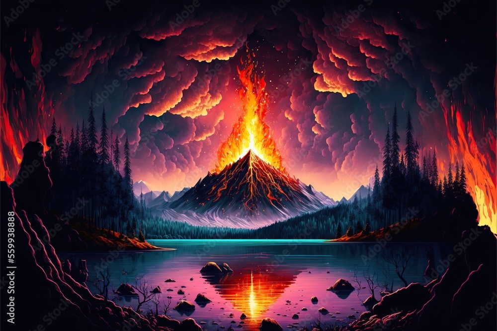 Beautiful landscape with lake forest and volcano eruption, created with ...