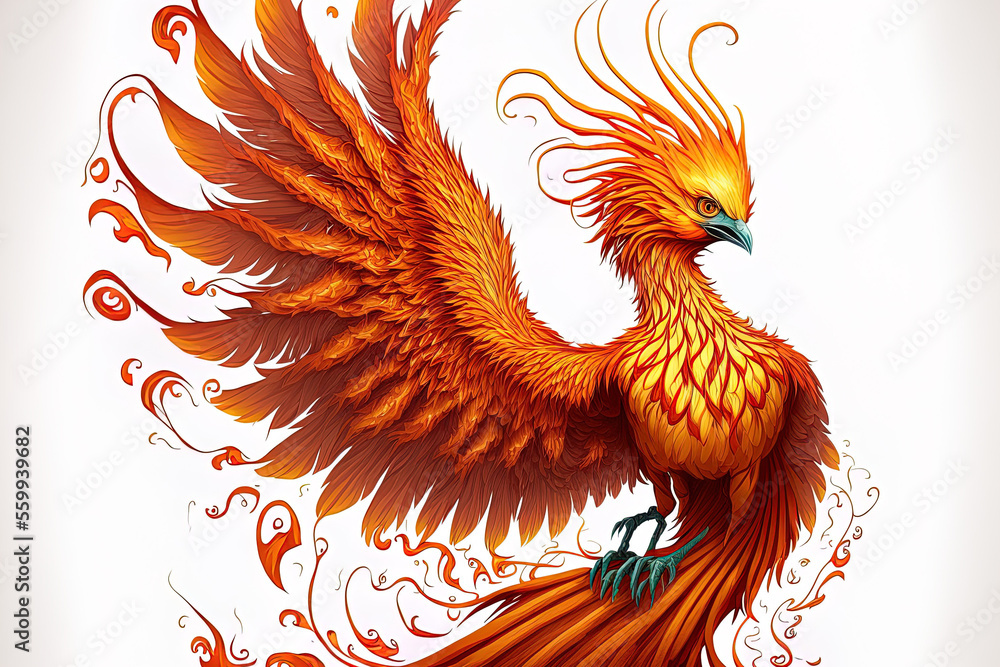 Beautiful cartoon artwork of a phoenix firebird with orange blazing ...