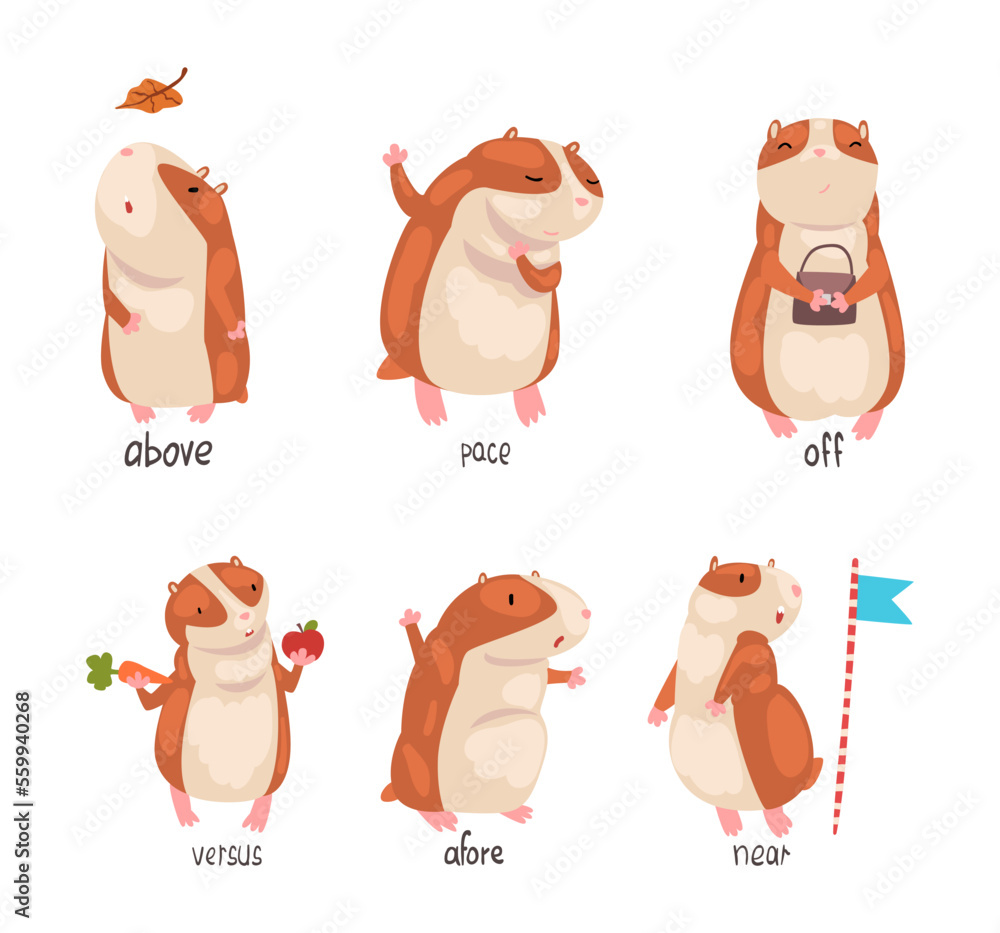 Cute hamster demonstrating English language prepositions of place set ...