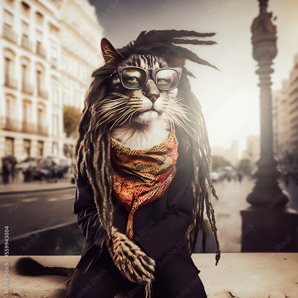 A fashionable rastaman cat sits on a wall downtown, posing during a ...
