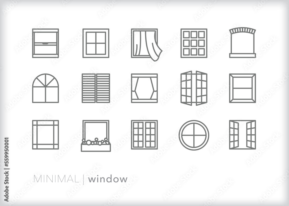 Set of window line icons showing different architectural, building and ...
