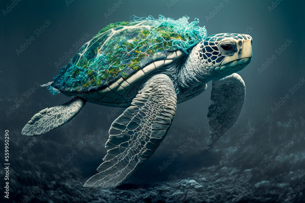 turtle in sea with water pollution, AI generate Stock Illustration ...