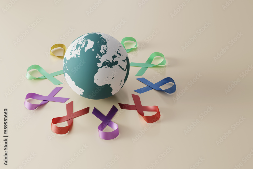 globe earth surrounded world cancer day colorful ribbon, 3d rendering ...