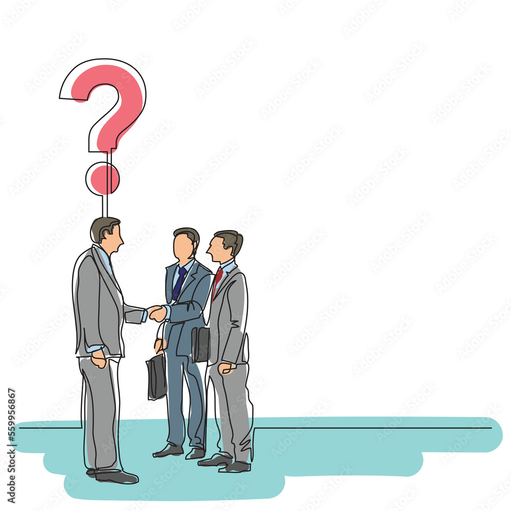 continuous line drawing three businessmen with question colored PNG ...