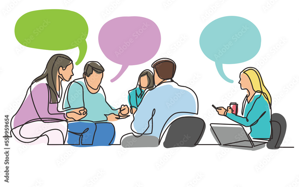 continuous line drawing work team having meeting employees colored PNG ...