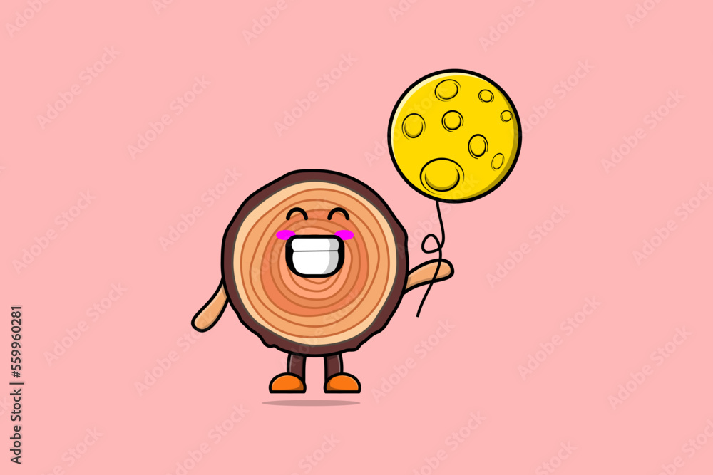 Cute cartoon Wood trunk floating with moon balloon cartoon vector ...