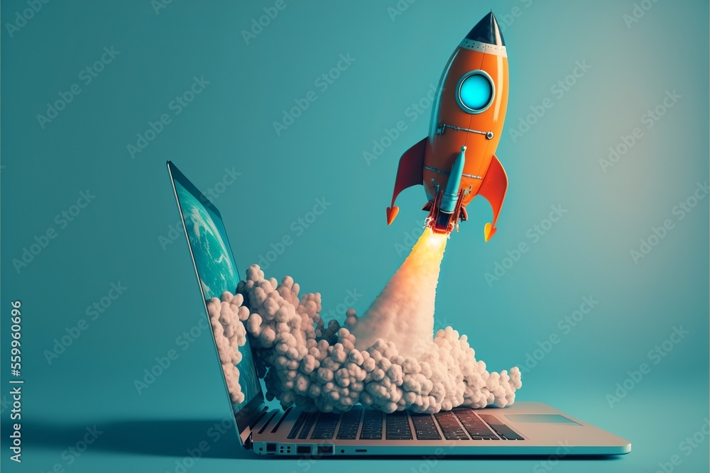 Rocket coming out of laptop screen, blue background. AI digital ...