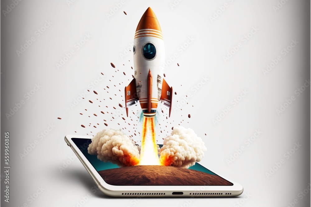 Rocket coming out of mobile phone screen, white background. AI digital ...