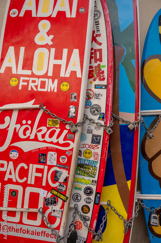 Honolulu, Hawaii - January 1, 2023: Surfboards lined up in storage at ...
