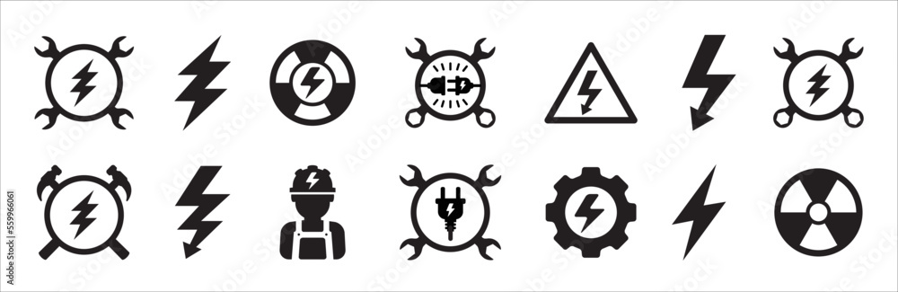 Electrical maintenance icon set. Electricity installation work sign ...