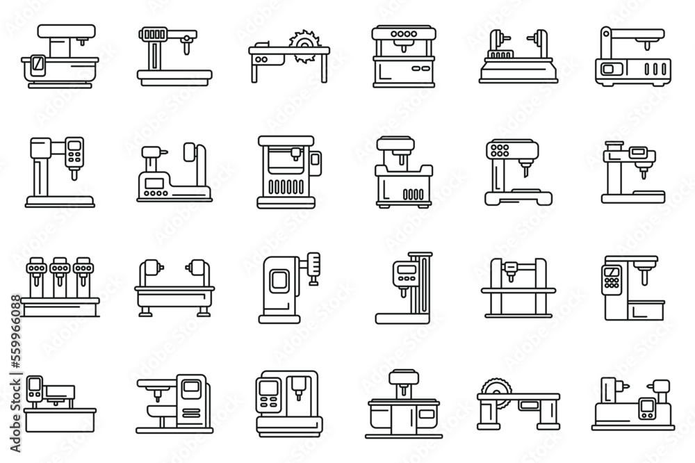 Cnc machine icons set outline vector. Mill controller. Router tool ...