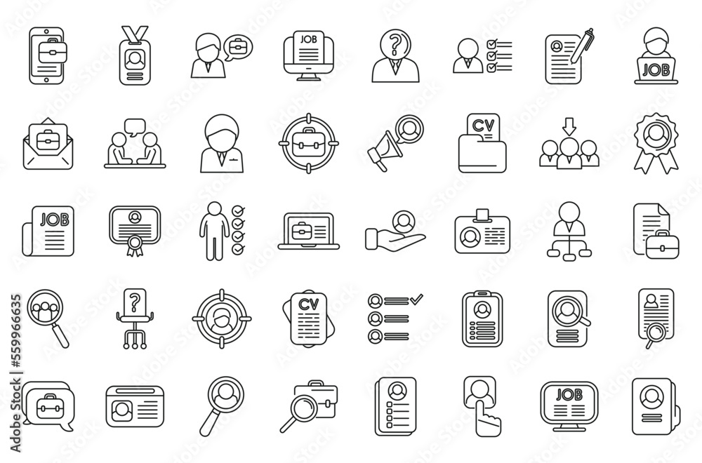 Vacancy icons set outline vector. Job cv. Hiring portfolio Stock Vector ...