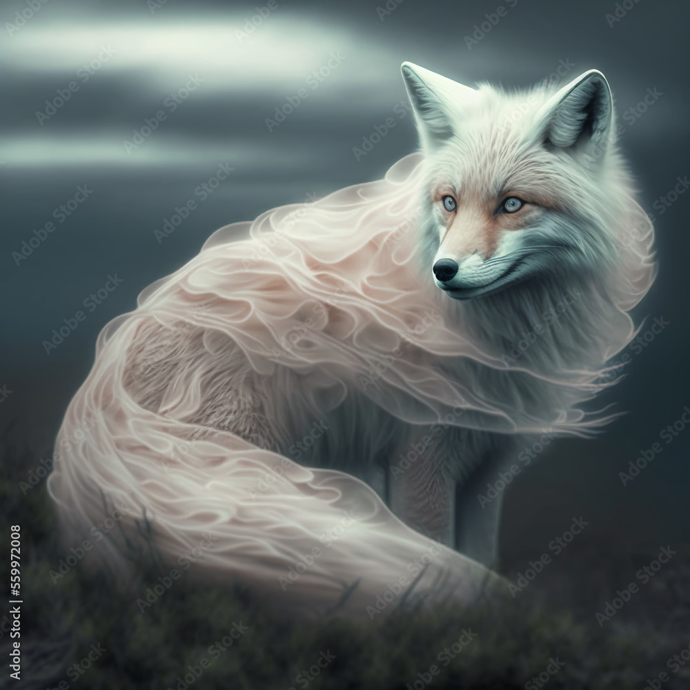 Smoky Ghost Fox Surrounded by Mist. Fox Spirit in spooky field. [Sci-Fi ...