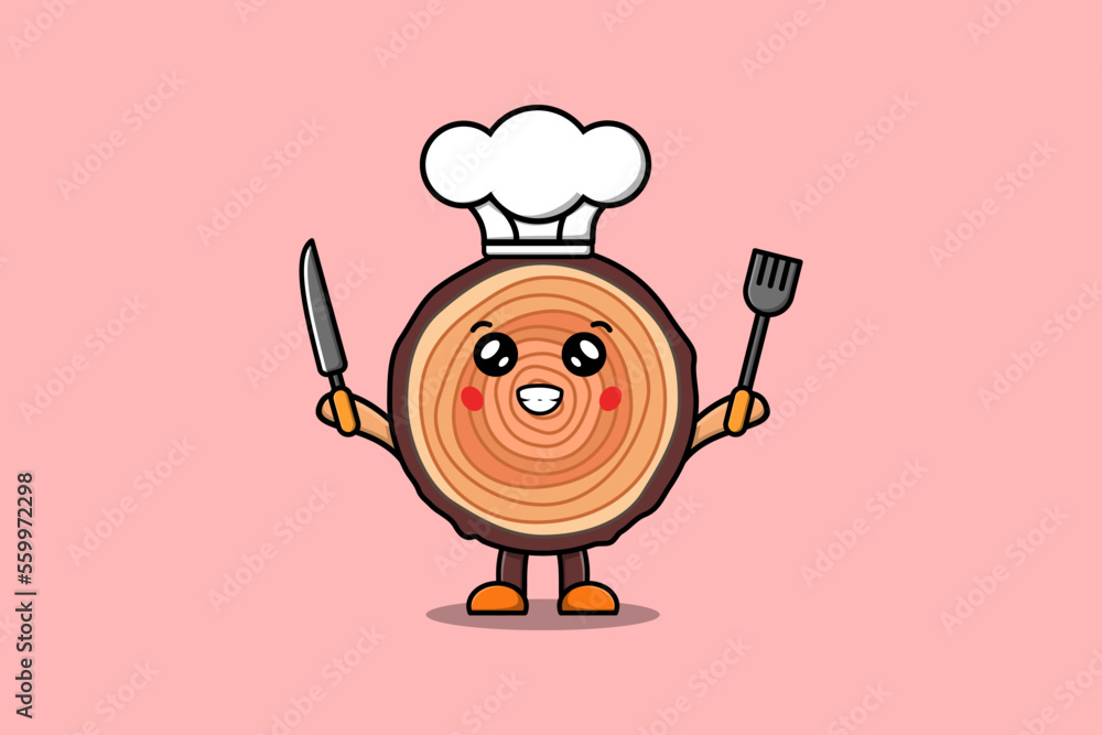 Cute cartoon Wood trunk chef character holding knife and fork in flat ...