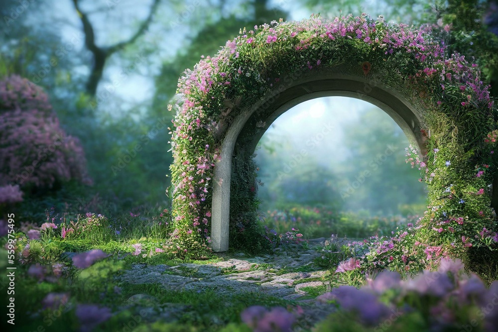 Generative AI: enchanted fairy tale arch with flowers Stock ...